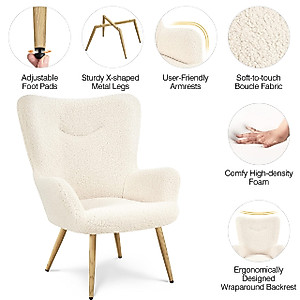 Yaheetech Boucle Accent Chair, Modern Fluffy Sherpa Armchair with High Back and Wood-Tone Metal Legs, Fuzzy Barrel Chair for Living Room Bedroom Home Office, Ivory, 2pcs