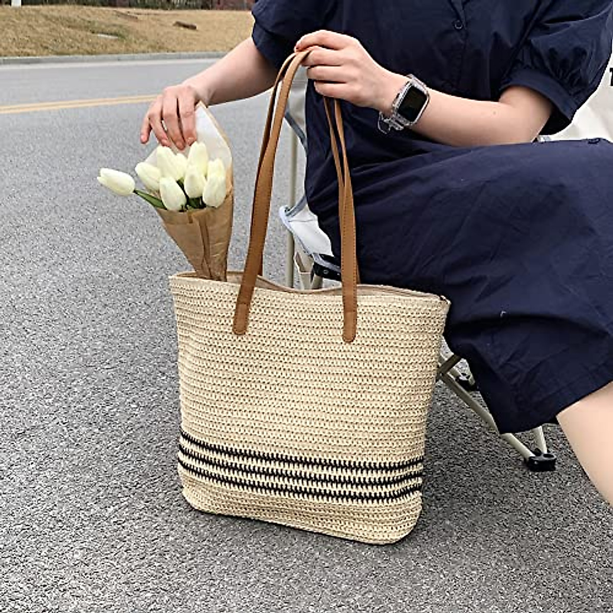 JQWSVE Straw Beach Bags Striped Tote for Women with Zipper Closure Soft Woven Straw Bag Summer Straw Shoulder Bag Purse for Beach Vacation