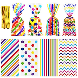 Aneco 100 Pack Rainbow Cellophane Bags Plastic Candy Bags Gift Bags Goodie Bags with Twist Ties for Valentine, Birthday, Gift Cookie Snack Packing Party Favor Supplies