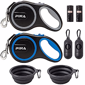 PINA Retractable Dog Leash, 26ft Dog Leash for Small Medium Large Dogs Up to 110lbs, 360° Tangle-Free Reflective Nylon Tape, with Anti-Slip Handle, One-Handed Brake, Pause, Lock - Black & Blue /2PACK