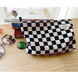 HAPPYHEIDI Women Checkered Corduroy Makeup Bag Cosmetic Pouch Purse Organiser, Canvas Lining, Cute Black White