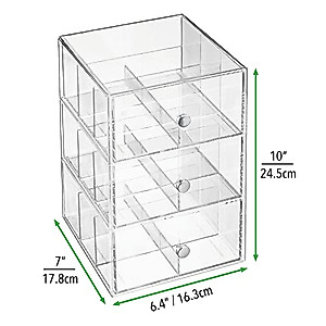 mDesign Plastic Wide Kitchen Pantry, Cabinet, Countertop Organizer Storage Station with 3 Drawers for Coffee, Tea, Sugar Packets, Sweeteners, Creamers, Drink Pods, Packets; 18 Sections - Clear
