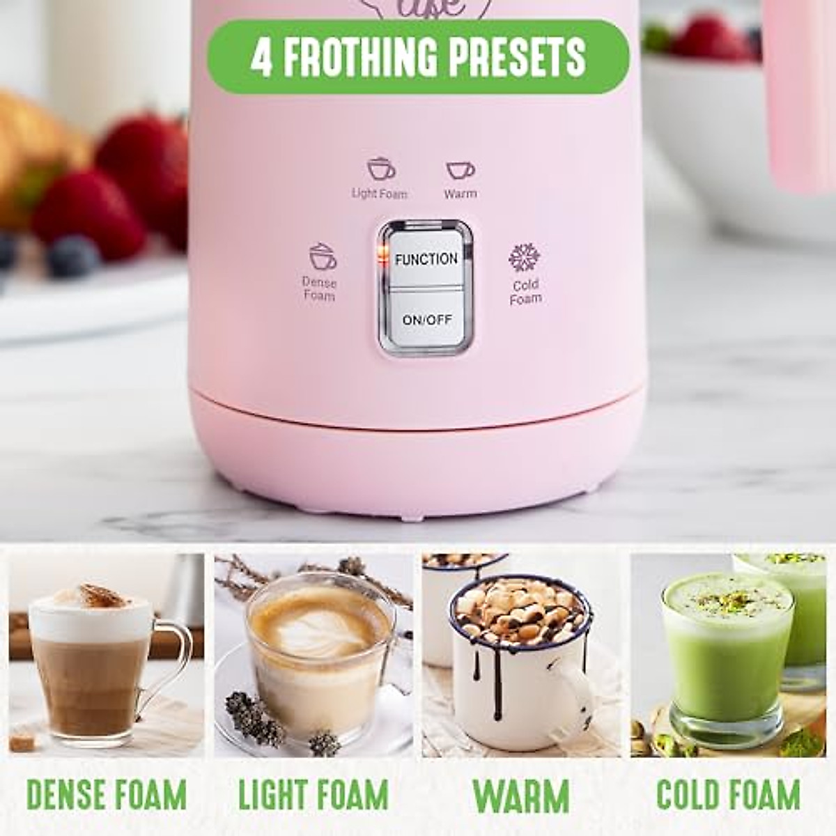 GreenLife Ceramic Electric Milk Frother, 10oz, 4-in-1, Auto Hot and Cold Foam, Dense and Light Foam, PFOA and PFAS Free, Cordless Milk Warmer and Steamer for Latte, Coffee, Pink