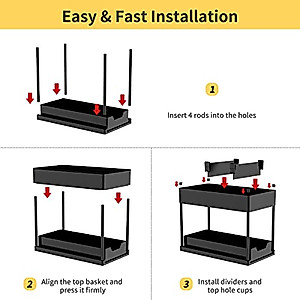 Under Sink Organizers 2 Pack, 2 Tier Sliding Under Bathroom Cabinet Storage Drawer Organizer with Hooks, Hanging Cup, Dividers for Bathroom, Kitchen Multi-Purpose, Under Sink Organizers and Storage