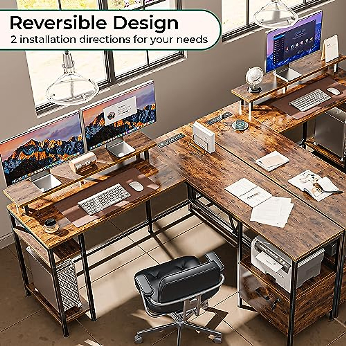 Huuger L Shaped Computer Desk with Power Outlets & LED Lights, Reversible Computer Desk with File Cabinet & Storage Shelves, Corner Desk Home Office Desk, Rustic Brown