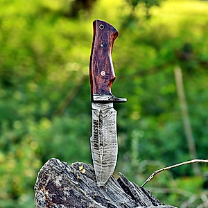 Handmade Damascus Bowie Knife For Hunting Skinning Outdoor Damascus Steel Survival Hunting Knife With Horizontal Carry Sheath Fixed Blade Damascus Hunting Belt Knife for Camping, Bushcraft Ergonomic Rose wood Handle | Cool Knives For Men Tactical (Rose Wo