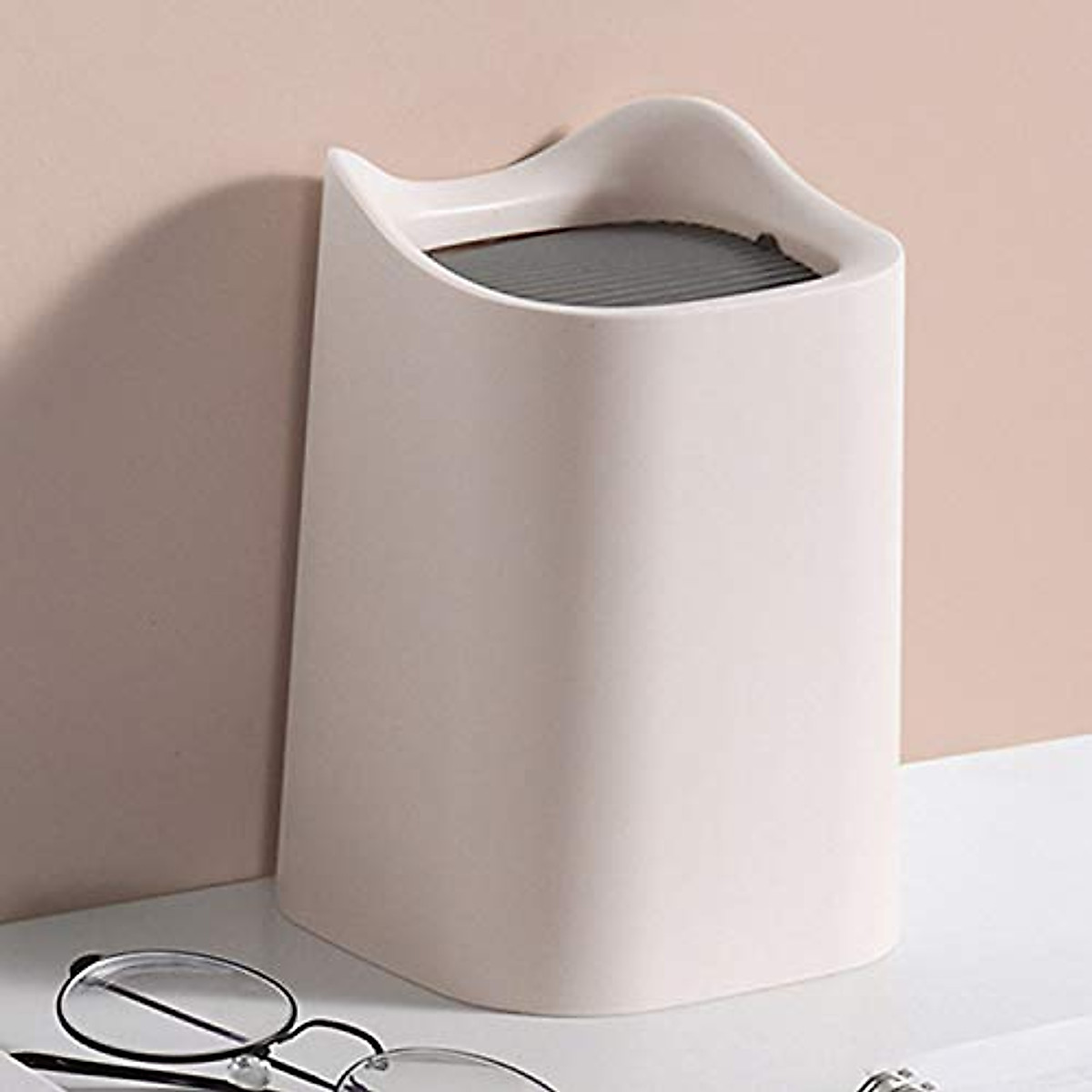 Sheebo Modern Plastic Mini Wastebasket Trash Can with Lid for Bathroom Vanity, Desktop, Tabletop or Coffee Table - Dispose of Cotton Rounds, Makeup Sponges, Tissues; 2 Liter (Tall - Pink)