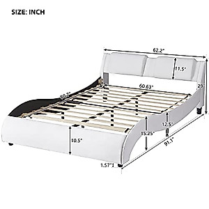 Lostcat Queen Modern Upholstered Faux Leather Platform Bed with LED Light Bed Frame,Strong Wood Slats Support,Wave Like Curve Low Profile Bed Frame for Boys/Girls/Adult Bedroom,Easy Assembly,White
