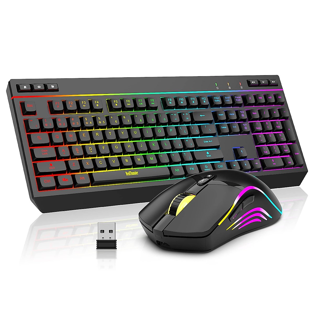 RedThunder K20 Wireless Keyboard and Mouse Combo, Full Size Anti-Ghosting Keyboard with Multimedia Keys + 7D 4800DPI Optical Mice, Rechargeable RGB Gaming/Office Set for PC Laptop Mac Xbox (Black)