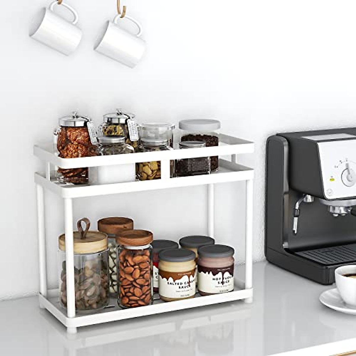 FLE Under Sink Organizer, 2 Tier Metal Under Bathroom Sink Storage Baskets with Hooks, Self Adhesive White Under Sink Shelf Organizer for Bathroom Kitchen