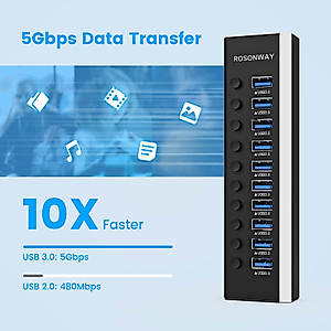 Powered USB Hub, Rosonway Aluminum 10 Port USB 3.0 Data Hub with 36W (12V/3A) Power Adapter and Individual On/Off Switches USB Splitter(RSH-A10)