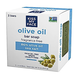 Kiss My Face Olive Oil Fragrance Free Bar Soap, Moisturizing Bar Soap, Cruelty Free Vegan Soap, Palm Oil Free, 4 Oz - 3 Count (Pack of 1)