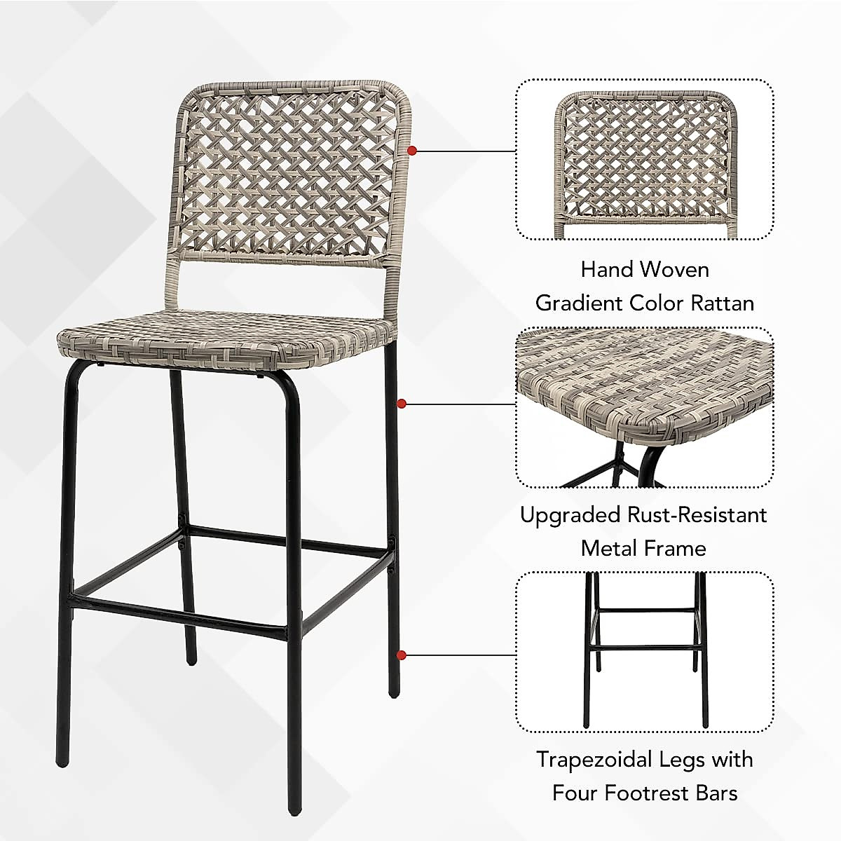 Sundale Outdoor Patio Bar Stools Set of 2, Hand Woven PE Rattan Hollow Back Armless Barstools for Deck Yard Porch, All-Weather Gradient Grey Wicker Outside Tall Chair Set