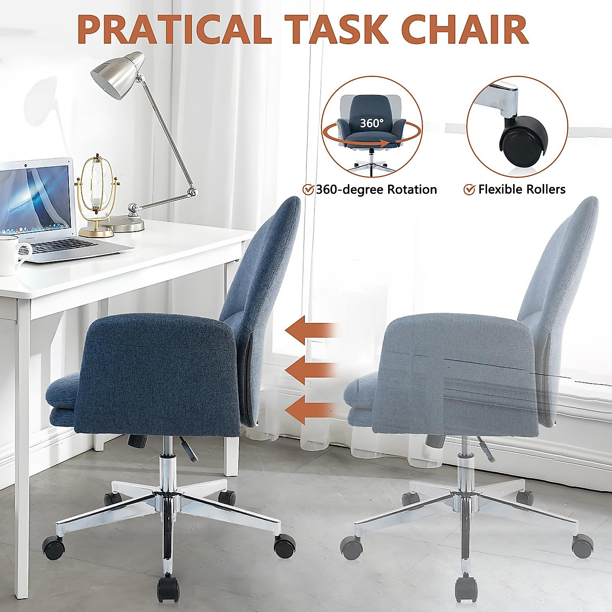 Novigo Set of 2 Accent Swivel Rolling Chair Adjustable Height Mid Back Dining Room Desk Chair with Upholstered Armrests Comfy Back Support Vanity Chair for Office Bedroom,Blue