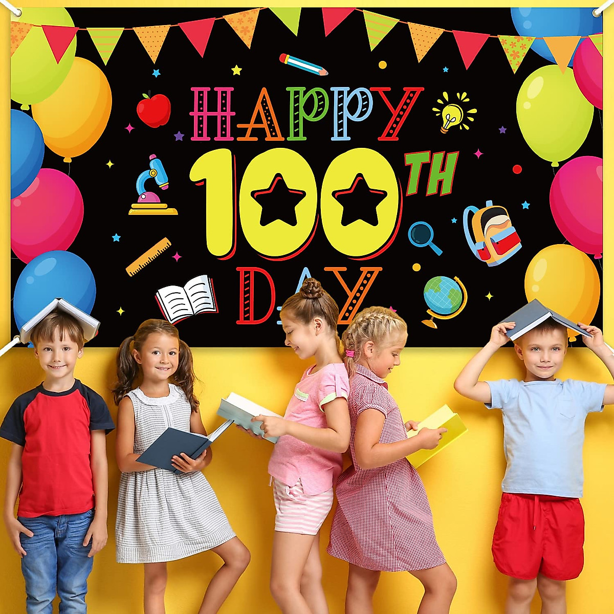 WATINC 100th Day of School Backdrop Banner XtraLarge Happy 100th Day Background Kids Students Party Decorations Supplies Photo Booth Props for Kindergarten Primary Wall Indoor Outdoor 79 x 45 Inch