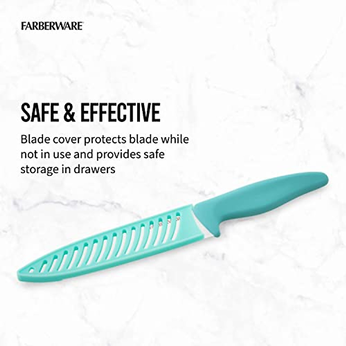 Farberware Ceramic Chef Knife with Custom-Fit Blade Cover, Razor-Sharp Kitchen Knife with Ergonomic Handle, Dishwasher-Safe, 6-inch, Aqua