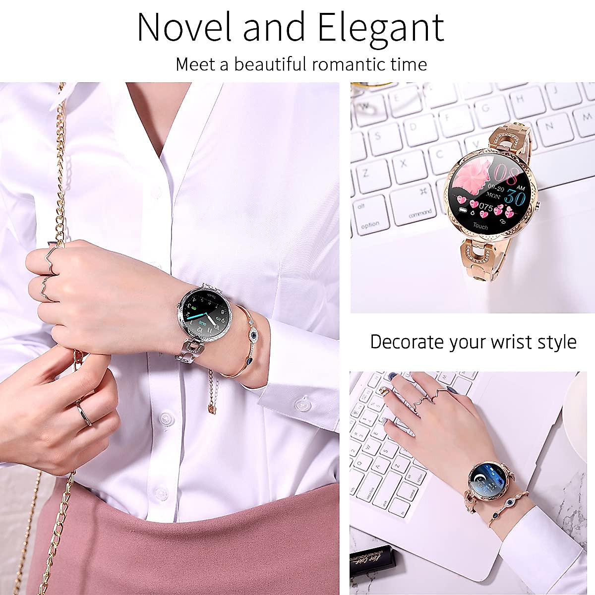 Thafikzi Smartwatch for Women Compatible for iPhone Samsung Android iOS Phones. Smart Bracelet with Female Menstrual Cycle Heart Rate Blood Pressure Remote Photography Waterproof Pedometer (Gold)