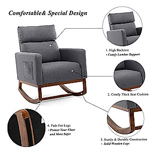Artechwoks Rocking Chair Mid-Century Modern Fabric Nursery Rocker Armchair Upholstered High Tall Back Retro Accent Glider Rocker with Wood Base Padded Seat Comfortable for Living Room Bedroom, Grey