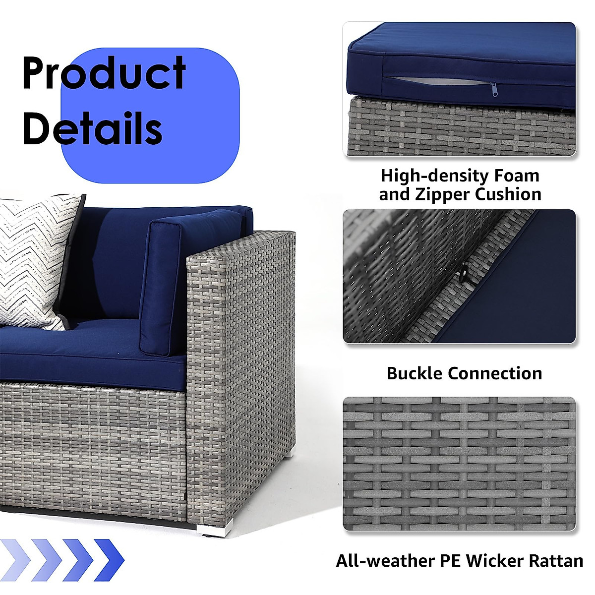 Yangming 7 Piece Outdoor Patio Furniture Sets, Outdoor Sectional Furniture with Tempered Glass Table and Cushion, Rattan Chairs Wicker Couch Conversation Set for Deck, Backyard, Porch, Lawn, Garden