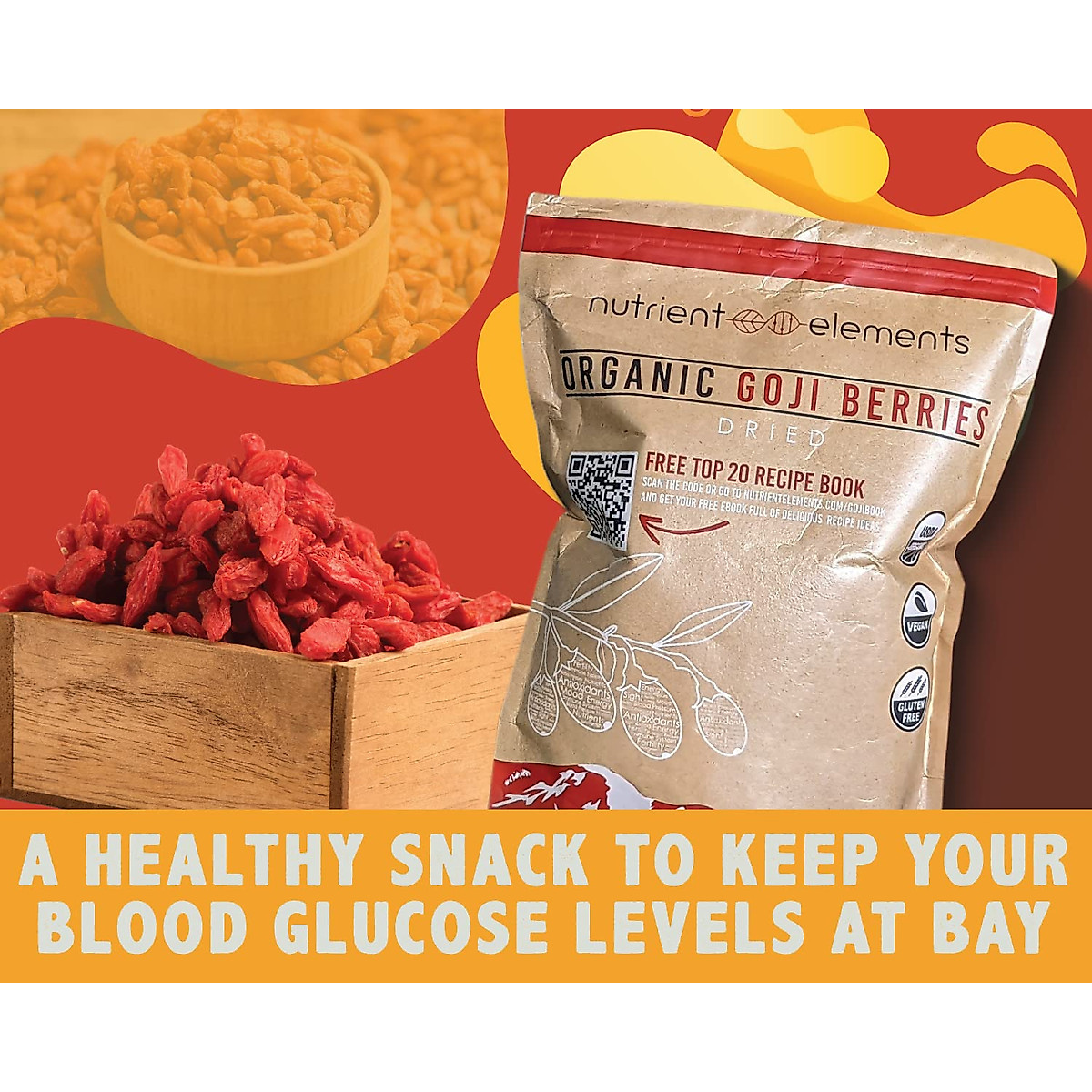 2lbs Organic Raw Dried Goji Berries - USDA Certified, Non GMO, Large Berries with Recipes E-Book - by Nutrient Elements