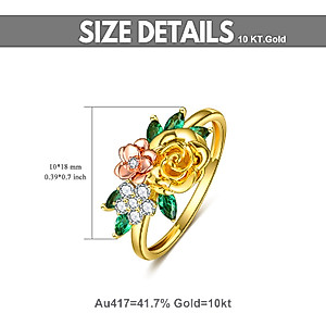 SISGEM 10K Real Gold Rose Flower Leaf Charming Rings for Women,Inlaid Moissanite Three Flower Attractive Ring for Valentine Day,Delicate Birthday Gift for Mom or Wife (10K-Yellow, 6)