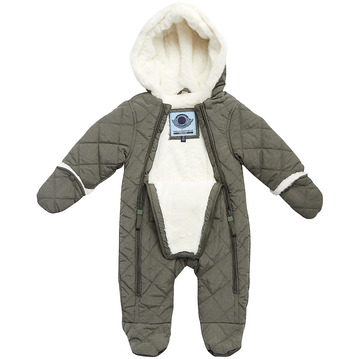 URBAN REPUBLIC Baby Boys' Pram Snowsuit - Quilted Fleece Lined Snowsuit with Gloves - Outerwear Coveralls (Sizes: 3-9M), Size 6M, Olive