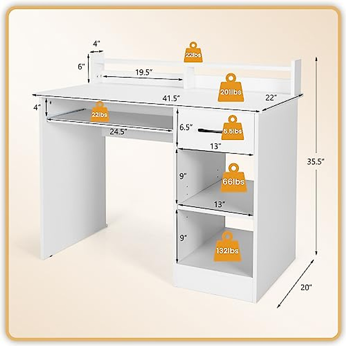 GOFLAME White Computer Desk, Home Office Desk with Large Drawers, Hutch, Keyboard Tray, 5-Position Adjustable Open Shelves, Easy Assembly, Writing Desk for Bedroom, Small Space, Living Room(White)