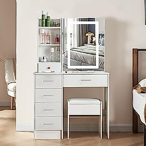 Saihemei Modern Makeup Vanity Desk with Mirror and LED Light, Makeup Table with 6 Drawers, Storage Shelves and Chair, 3 Lighting Modes and Adjustable Brightness for Mother Daughter