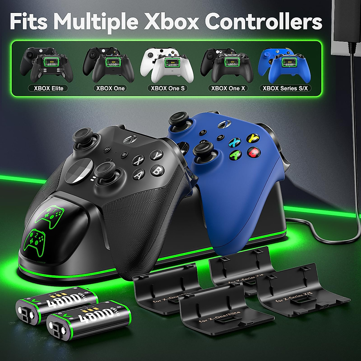 Controller Charger Station for Xbox One/Xbox Series X|S/Elite, 2 x 4800 mWh Rechargeable Battery Packs, Charging Dock for Xbox Controller Battery with 2 X Rechargable Batteries & 4 X Covers, Black