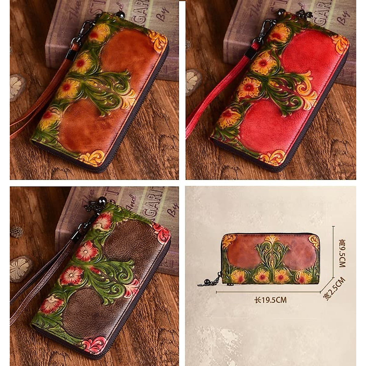 LMKIDS Retro Genuine Leather Wallets for Women Embossed Women's Purse Ladies Clutch Purse with Tassel (Style 1)