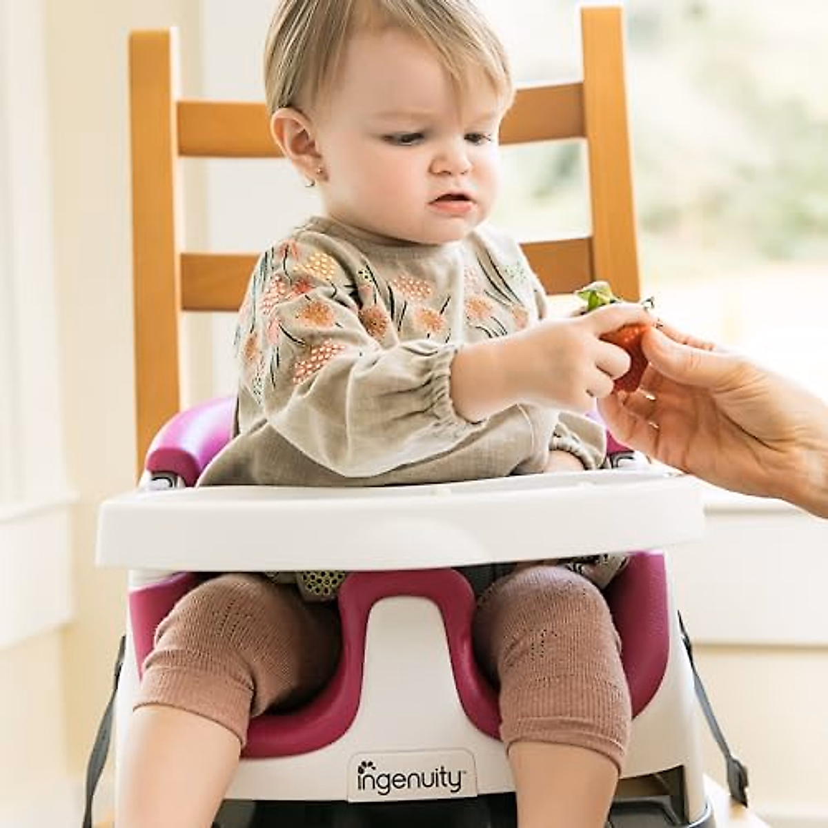 Ingenuity Baby Base 2-in-1 Booster Feeding and Floor Seat with Self-Storing Tray - Pink Flambe