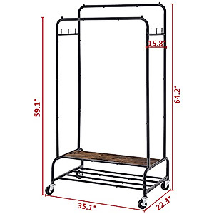 Tajsoon Clothes Rack, Industrial Pipe Clothing Rack with Shelves, Heavy Duty Double Rods Clothes Hanging Rack, Standard Rod Garment Rack on Wheels, Storage Display, Metal, Rustic Brown and Black