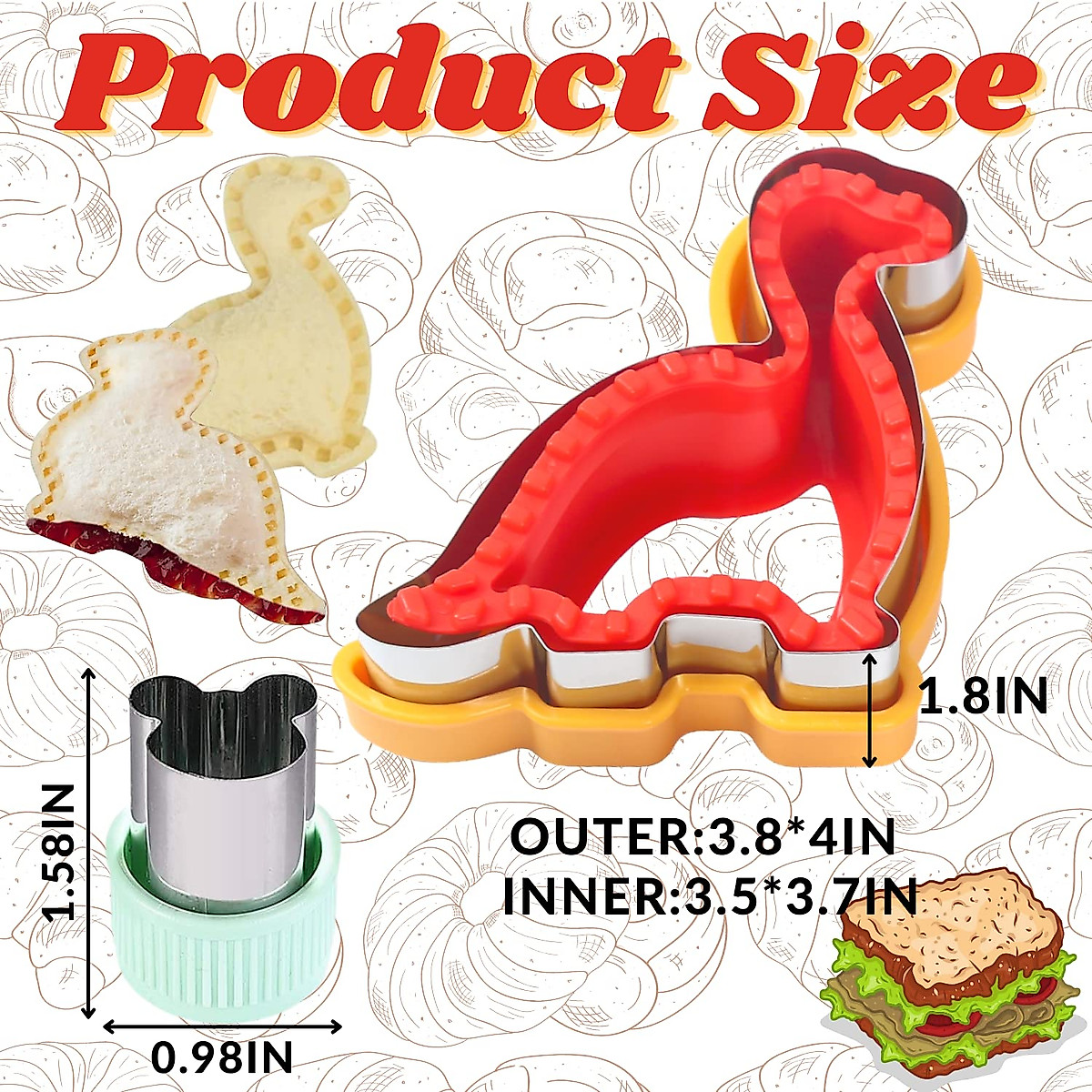 Crethinkaty Sandwich Cutters and Sealers for Children - 5 Pieces - Dinosaur Sandwich Sealers and Mouse Star Airplane Stainless Steel Vegetable Cutters for Kids Boys & Girls