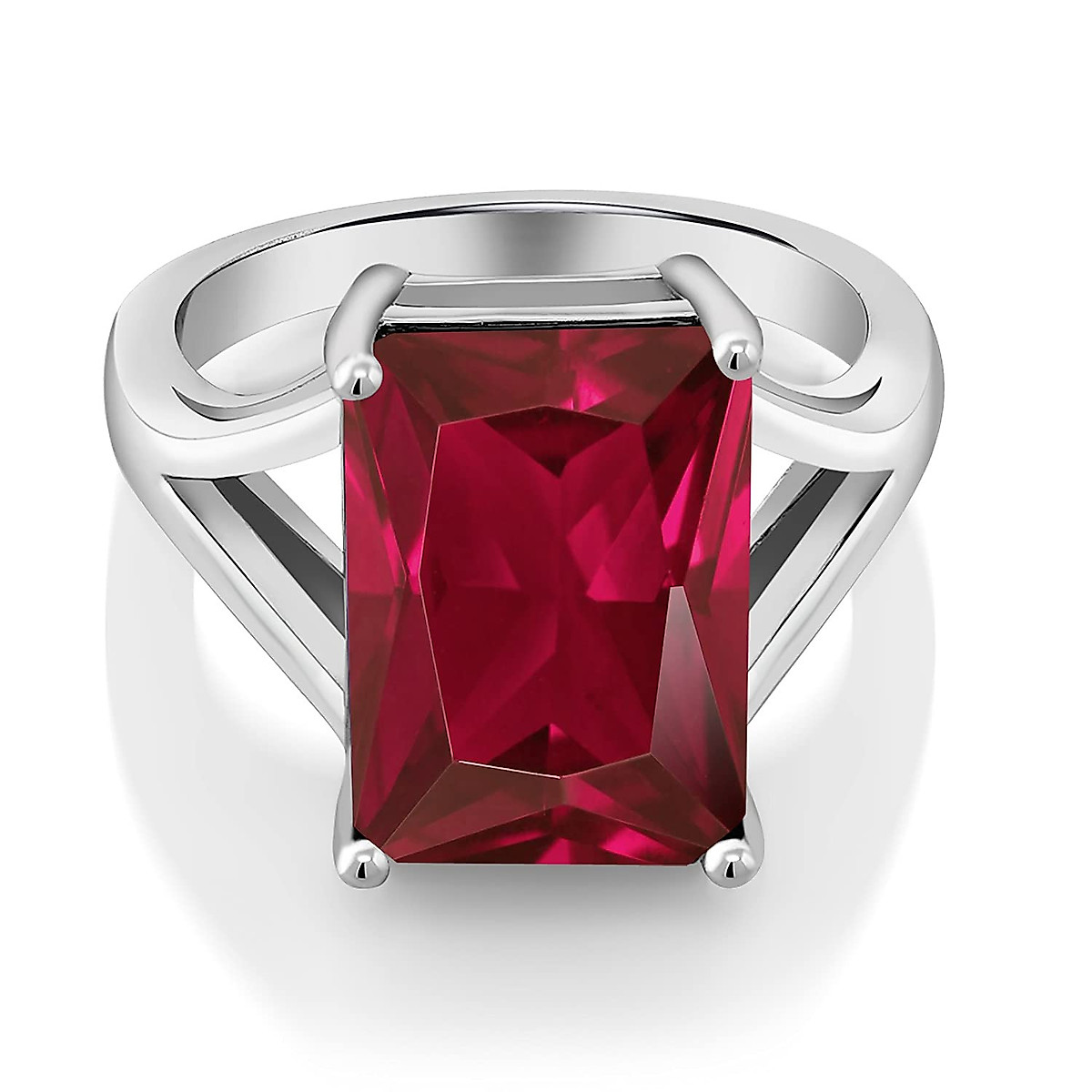 Gem Stone King 925 Sterling Silver Created Ruby Solitaire Ring For Women (8.00 Cttw, Emerald Cut 14X10MM, Available In Size 5, 6, 7, 8, 9)