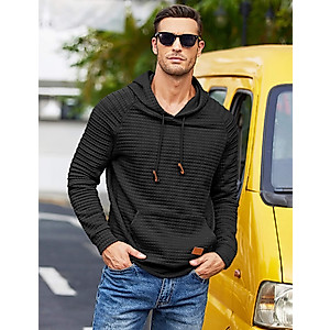 COOFANDY Men's Knit Hoodie Pullover Fashion Hip Hop Long Sleeve Drawstring Waffle Hooded Sweatshirt with Kanga Pocket, Black, Large