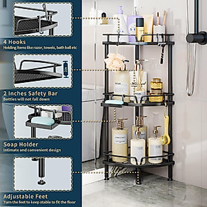 Consumest Corner Shower Caddy Stand - 3 Tier Shower Organizer with Soap Holder, Standing Tall Floor Shower Stand with Adjustable Feet & 4 Hooks, Shower Shelf Rack Storage for Bathroom Black