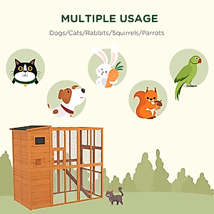 PawHut Outdoor Catio, Cat House Wooden Feral Cat Shelter, Cat Cage with Platforms, Waterproof Asphalt Roof, Ramps, 77" L, Natural