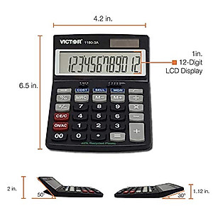 Victor 1180-3A 12-Digit Standard Function Calculator, Battery and Solar Hybrid Powered Adjustable Angle LCD Display, Great for Home and Office Desks, Black