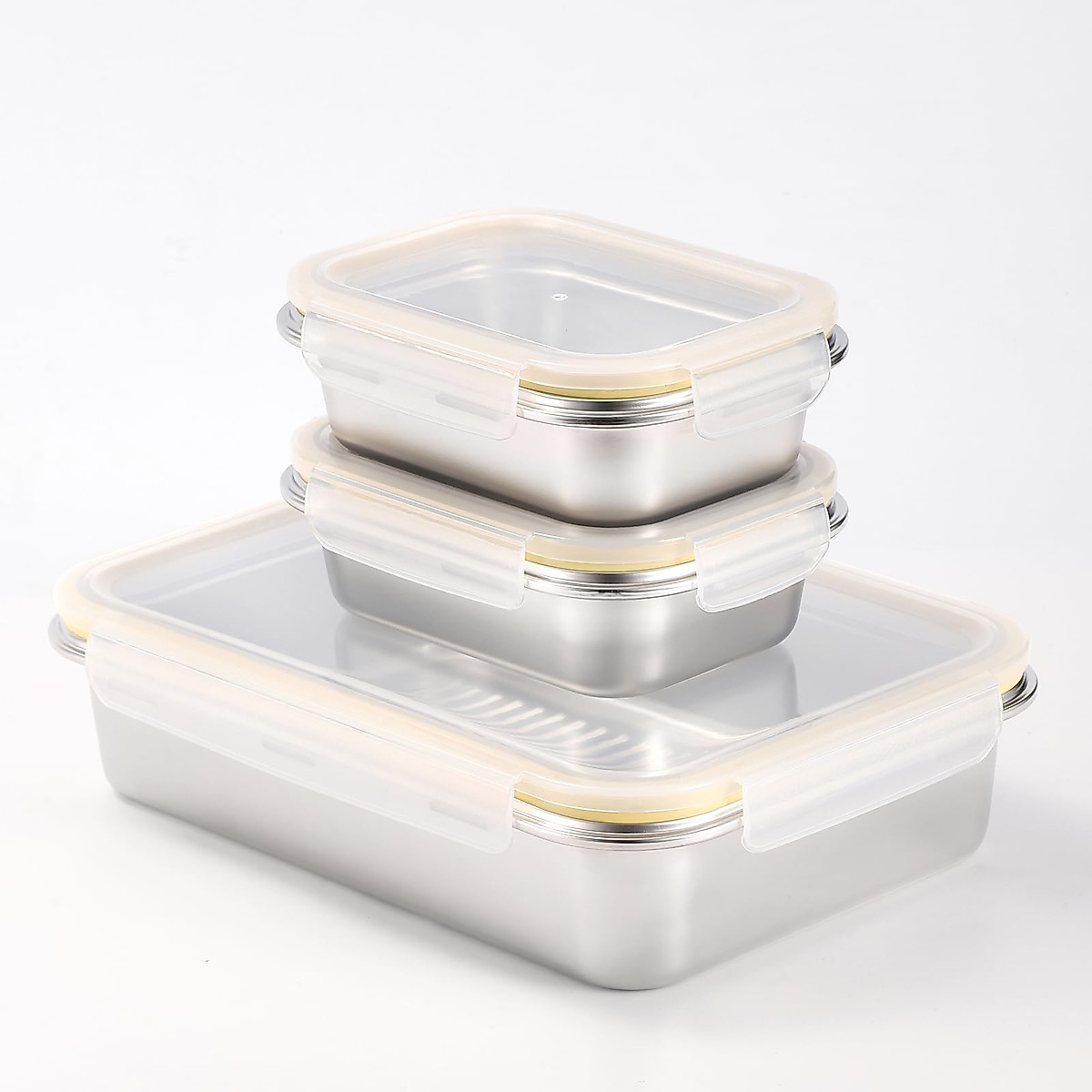 GEEJA 18/8 Stainless Steel Food Storage Containers, Meal Prep Lunch Box, Baking Pan, Stackable Bento Box, Metal Set of 3 (1PC 84oz + 2PC 21oz)