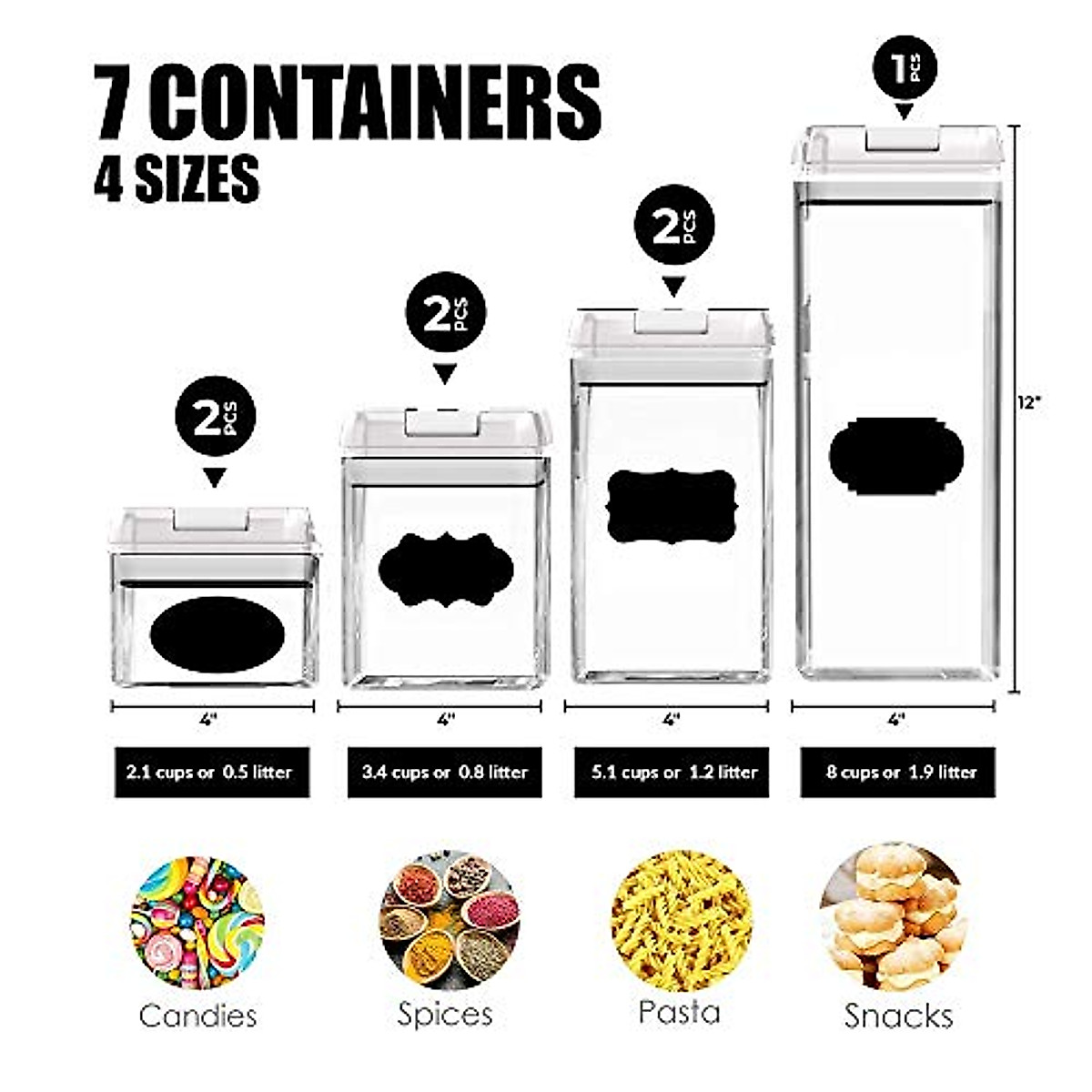 CINEYO Airtight Food Storage Container Set 7 Piece Set Clear Plastic Canisters For Cereal, Flour with Easy Lock Lids, for Kitchen Pantry Organization and Storage, Include Labels and Marker (White)
