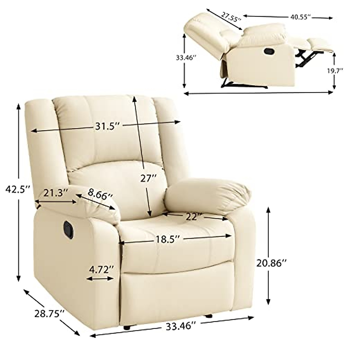ASHOMELI Large Real Leather Recliner Chair, 150 Degree Tilt, Living Room Bedroom Sofa Recliner (Beige)