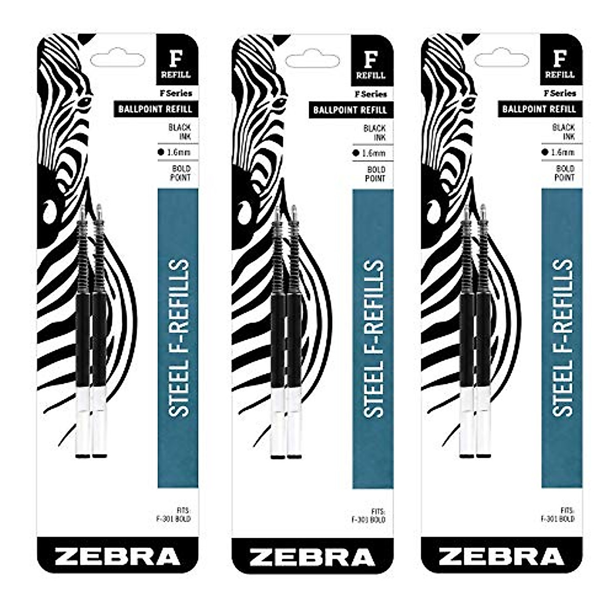 Zebra F301, F301 Ultra, F402, 301A, Spiral Ballpoint Pen Refills, 1.6mm, Bold Point, Black Ink, Pack of 6
