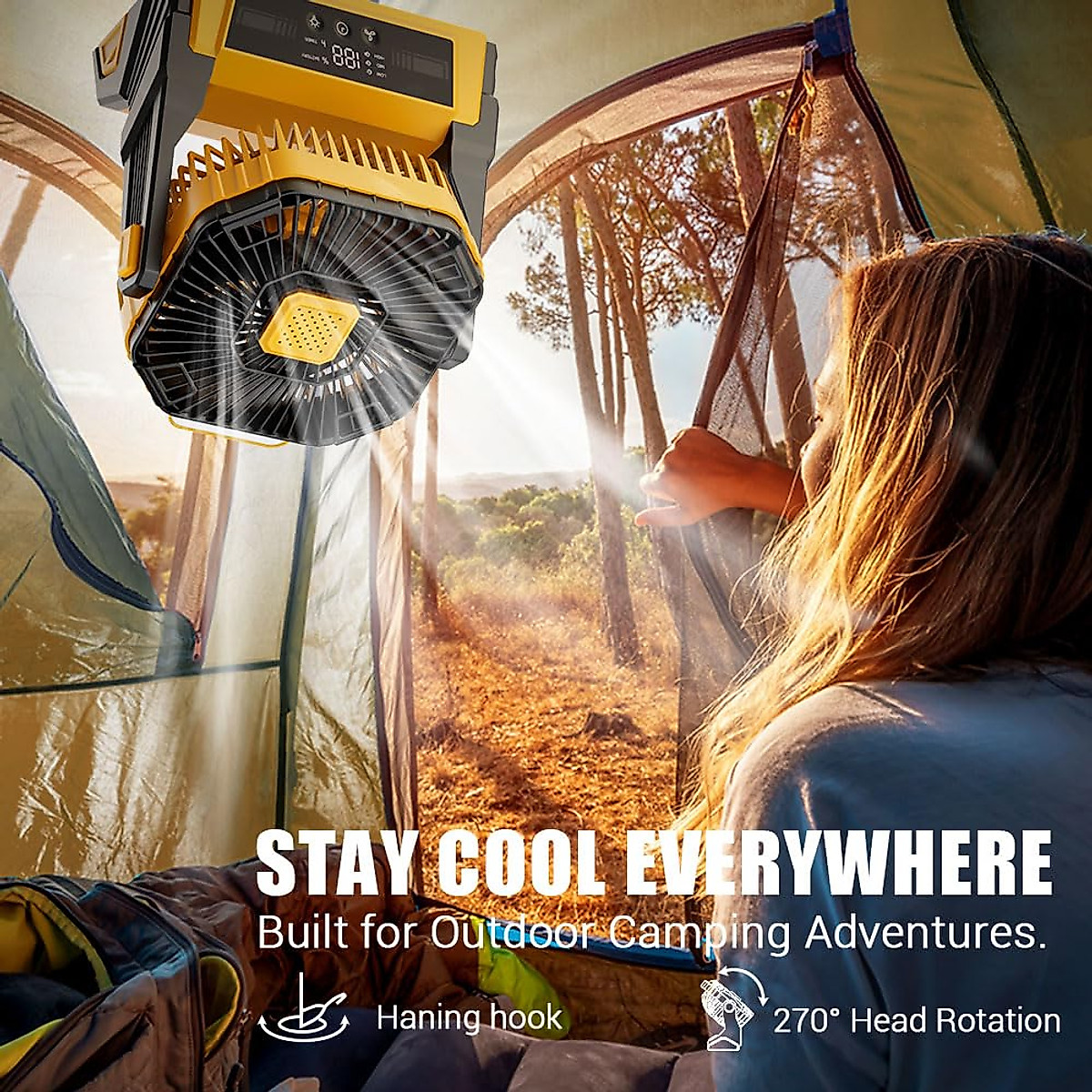 Instern Camping Fan with LED Lantern, 20000mAh Rechargeable Battery Operated Outdoor Tent Fan with Light & Hanging Hook, 3 Speeds, Personal USB Desk Fan for Camping, Power Outage, Hurricane, Jobsite