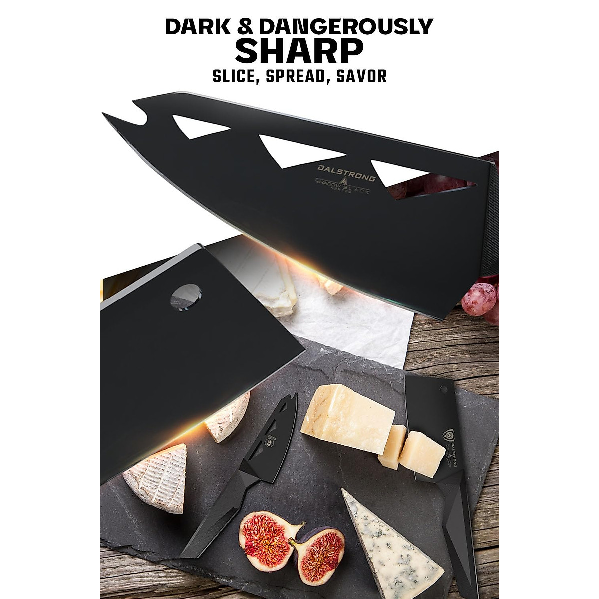 DALSTRONG Cheese Knife Set - 4-Piece - Shadow Black Series - Black Titanium Nitride Coated - High Carbon - 7CR17MOV-X Vacuum Treated Steel Cheese Knives Set - Sheath - Soft Hard Cheese - NSF Certified