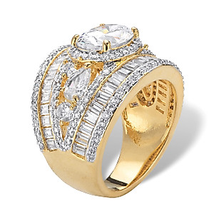 PalmBeach Jewelry Gold-Plated or Platinum-Plated Oval Cut Cubic Zirconia Halo Engagement Ring with Pear Cut and Baguette Cut Accents Size 6