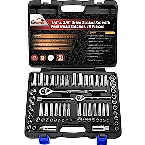69 Pieces - EPAuto 1/4” & 3/8” Drive Socket Set with Pear Head Ratchet, Chrome (92-824)