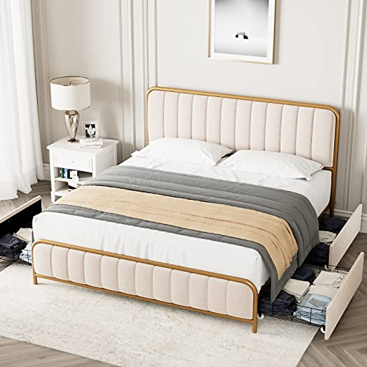 HITHOS Upholstered Queen Size Bed Frame with 4 Storage Drawers and Headboard, Heavy Duty Metal Mattress Foundation with Wooden Slats, Easy Assembly, No Box Spring Needed (Golden/Off White, Queen)