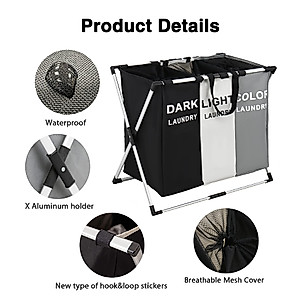 Laundry Basket Hamper 3 Section Dirty Clothes Hamper with Mesh Cover Foldable Aluminum Frame Laundry Sorter Organizer for Bathroom Bedroom Nursery (White+Grey+Black）