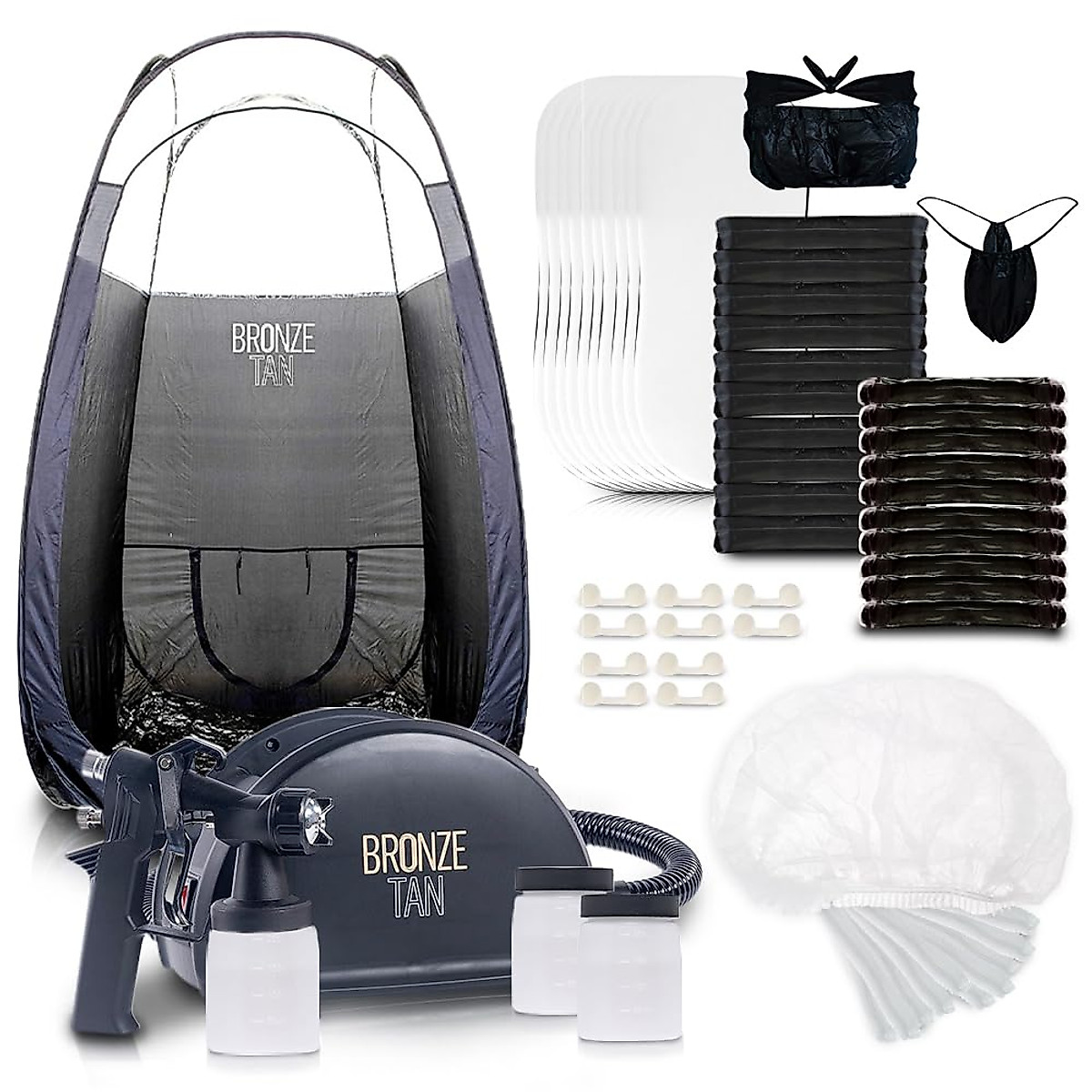 Bronze Tan Professional Spray Tanning Essentials Kit - Includes Machine, Quick-Setup Tent, Spray Tan Feet Pads, Hair Nets, Nose Plugs, Undergarments- Ideal for Salon & Home Use