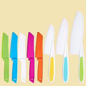 Godkider 9 Pcs Kids Knife Set, Kid Safe Knives for Real Cooking, Montessori Kitchen Tools for Toddlers include Wooden Toddler Kitchen Knife & Plastic Serrated Edges Children Knives, Crocodile